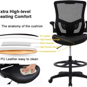 Drafting Chair Ergonomic Tall Office Chair Standing Desk Chair with Flip Up Arms Foot Rest Back Support Adjustable Height Mesh Drafting Stool, Black