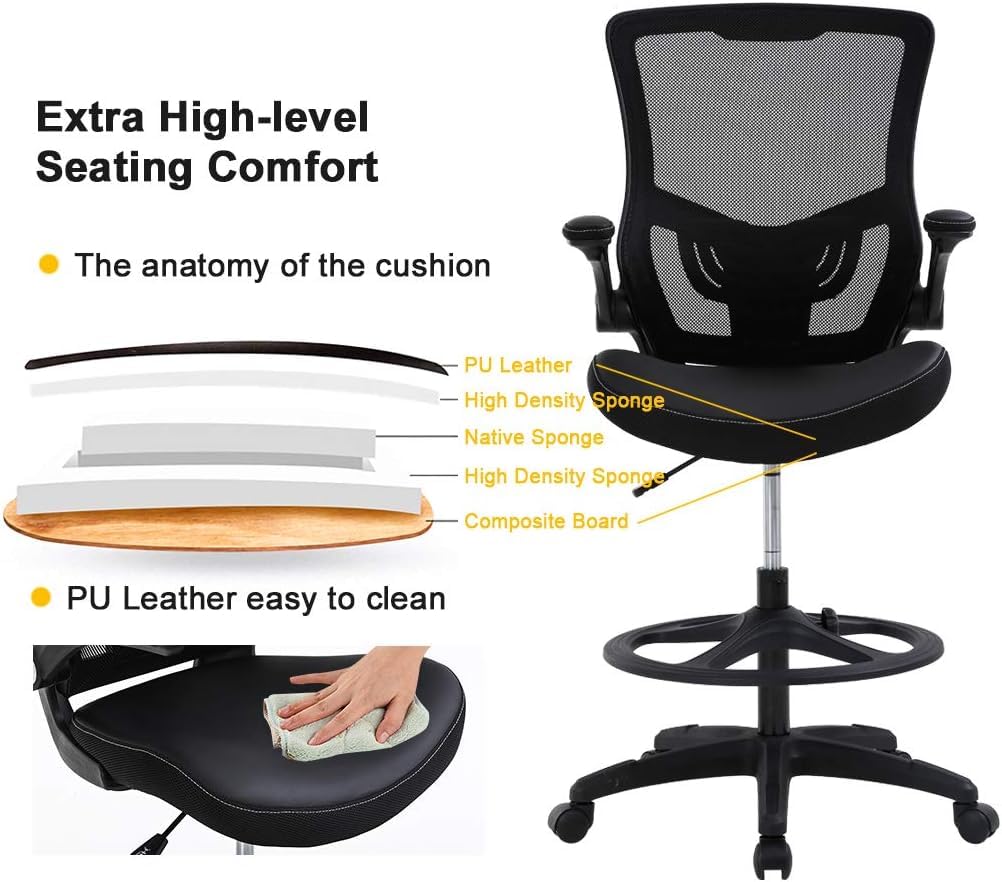 Drafting Chair Ergonomic Tall Office Chair Standing Desk Chair with Flip Up Arms Foot Rest Back Support Adjustable Height Mesh Drafting Stool, Black