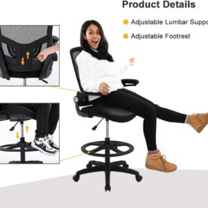 Drafting Chair Ergonomic Tall Office Chair Standing Desk Chair with Flip Up Arms Foot Rest Back Support Adjustable Height Mesh Drafting Stool, Black