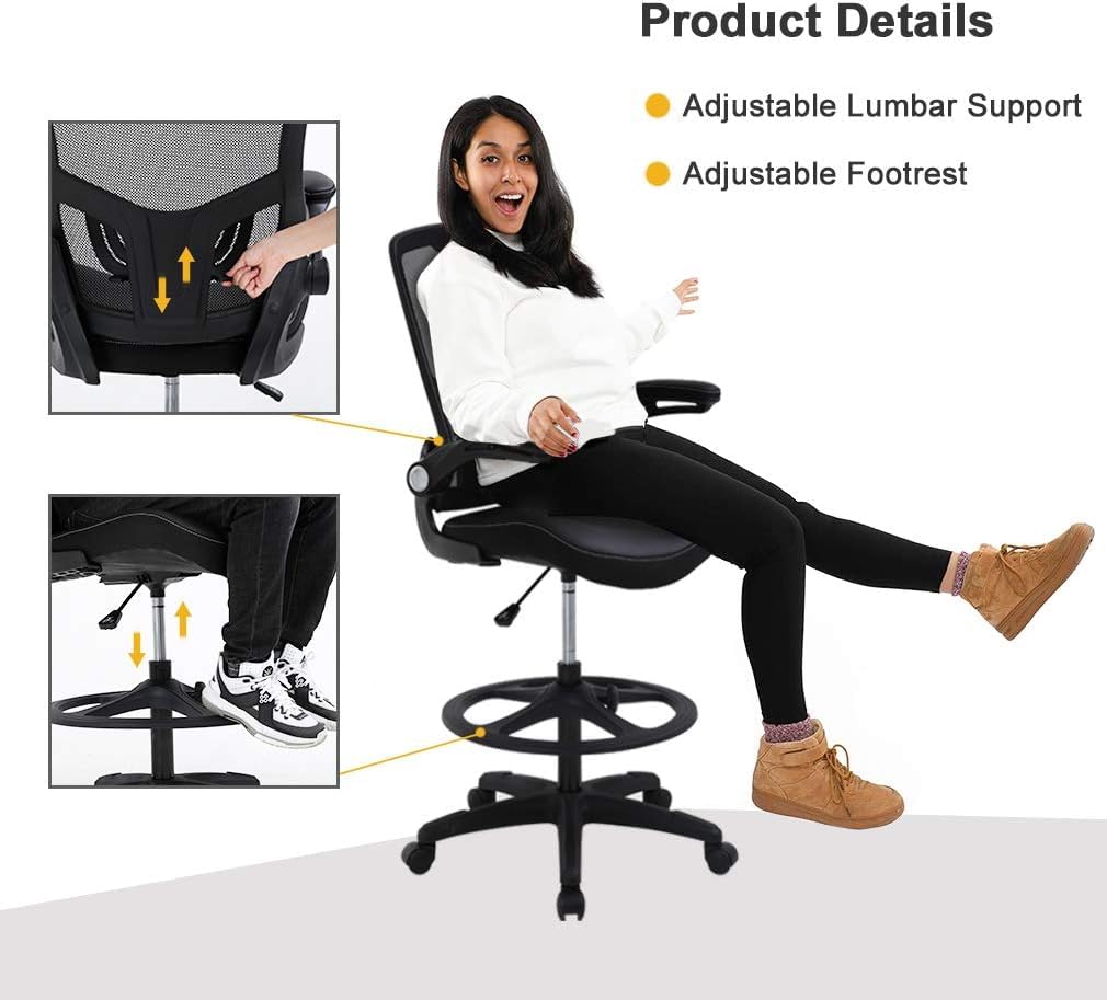 Drafting Chair Ergonomic Tall Office Chair Standing Desk Chair with Flip Up Arms Foot Rest Back Support Adjustable Height Mesh Drafting Stool, Black