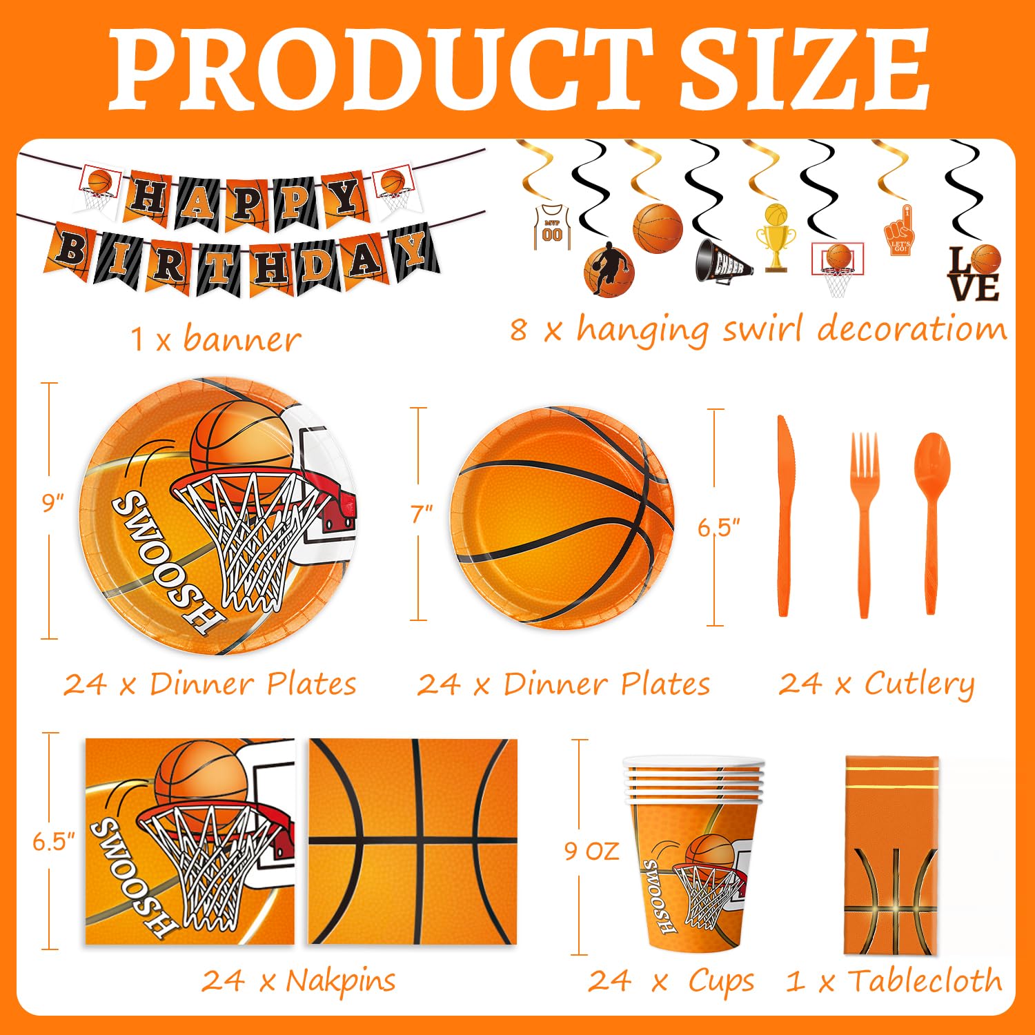 178 Pcs Basketball Theme Birthday Party Decorations Basketball Party Supplies Set Include Plates, Napkin, Cup, Fork, Knives, Spoon, Tablecloth, Banner for Kids and Adults, Serves 24 Guests