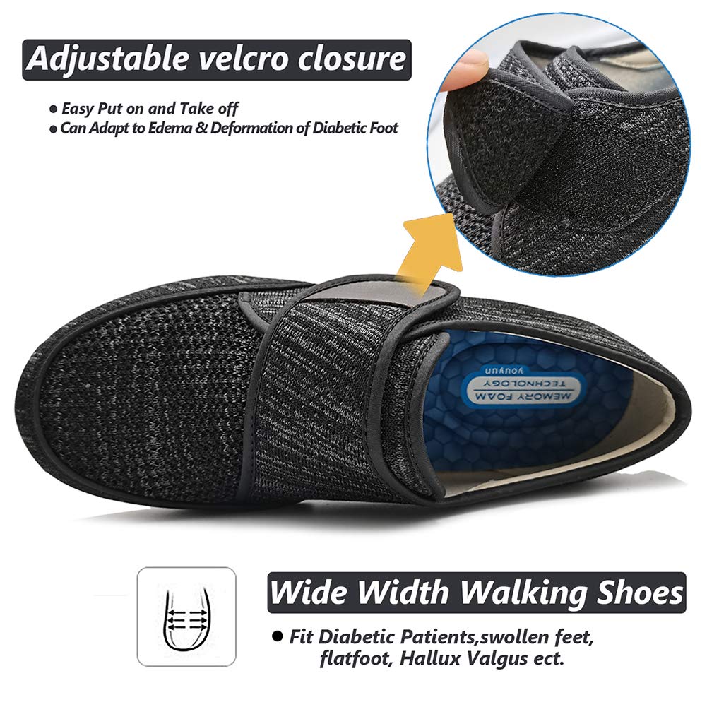 W&LESVAGO Men's Extra Wide Diabetic Edema Adjustable Slippers, Air Cushion Lightweight Walking Shoes Comfort for Elderly Indoor/Outdoor(Black Grey, 11)