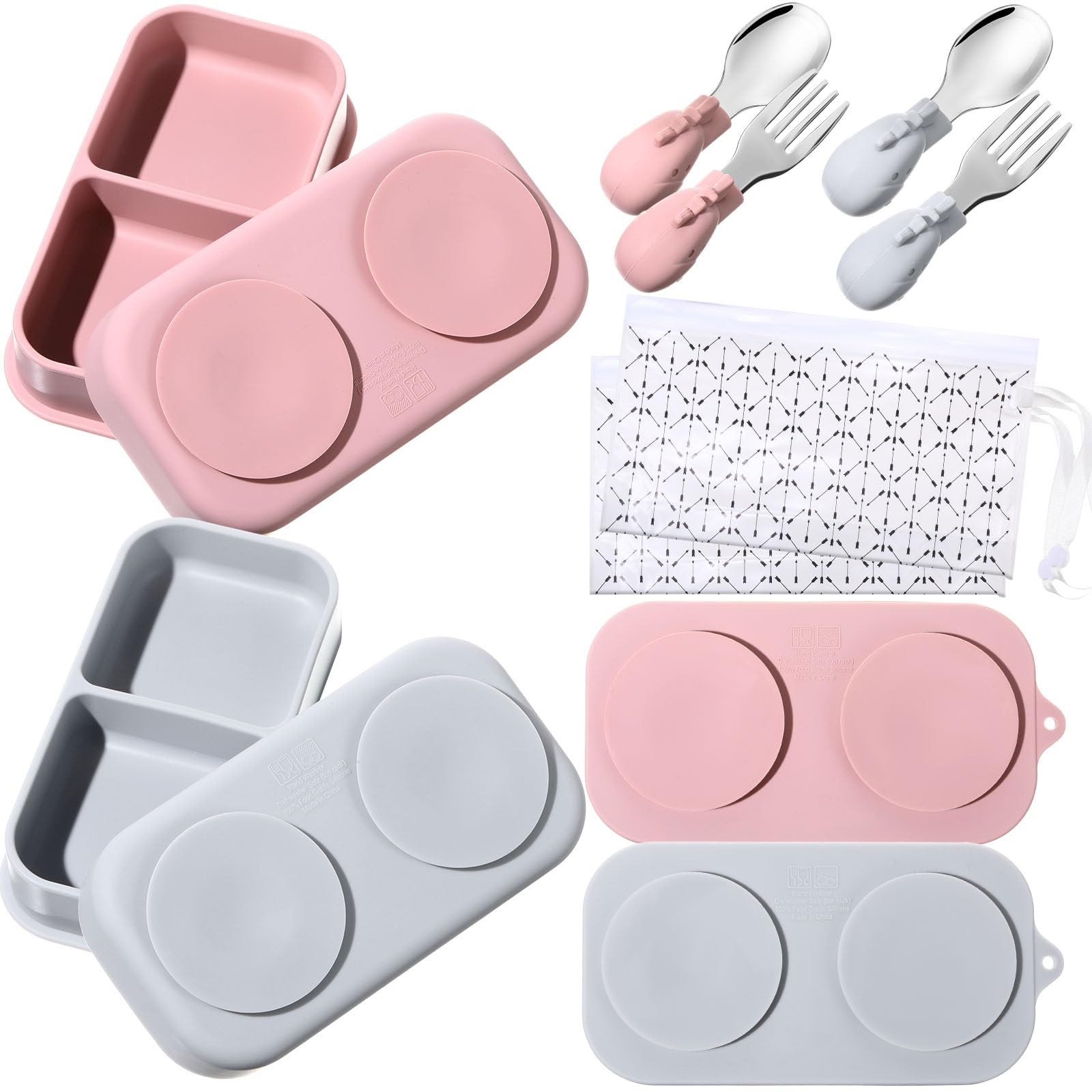 Uiifan 2 Pack Baby Suction Plate Set Silicone Suction Plate Baby with Lid Divided Suction Bowls for Baby Portable Toddler Utensils Compact for Self Feeding Baby Travel Essential (Gray, Pink)