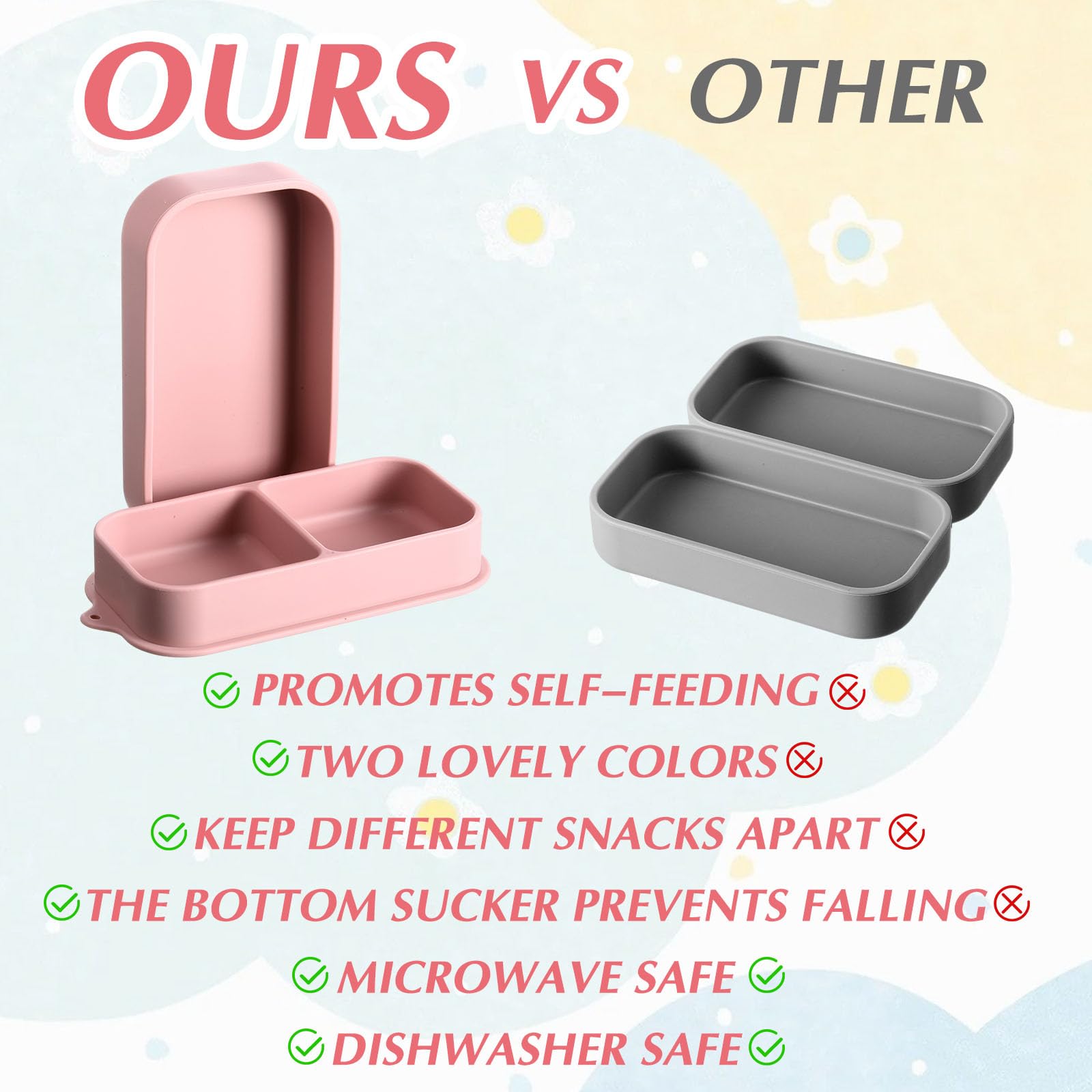 Uiifan 2 Pack Baby Suction Plate Set Silicone Suction Plate Baby with Lid Divided Suction Bowls for Baby Portable Toddler Utensils Compact for Self Feeding Baby Travel Essential (Gray, Pink)