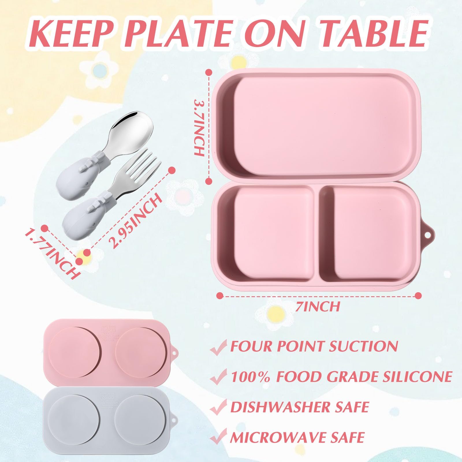 Uiifan 2 Pack Baby Suction Plate Set Silicone Suction Plate Baby with Lid Divided Suction Bowls for Baby Portable Toddler Utensils Compact for Self Feeding Baby Travel Essential (Gray, Pink)