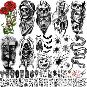 52 sheets black temporary tattoos for kids men and women, include 10 sheets large half arm sleeve fake tattoos, 200+ pcs spider scorpion snake tiger lion skull bat vampire scar fake tattoo sticker