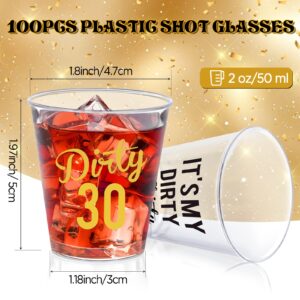 RUMIA 100 Pcs 30th Birthday Shot Glasses 30th Birthday Decorations for Men Women Dirty 30 Birthday Shot Glasses 2 oz Plastic Disposable Cups 30th Birthday Party Favors Gifts Anniversary Wedding Décor