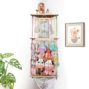 stuffed animal storage wood soft toy shelf with hooks and mesh organizer 3-in-1 splice and length adjustable hanging stuffed animal zoo toy organizer shelf for nursery play room bedroom kid room