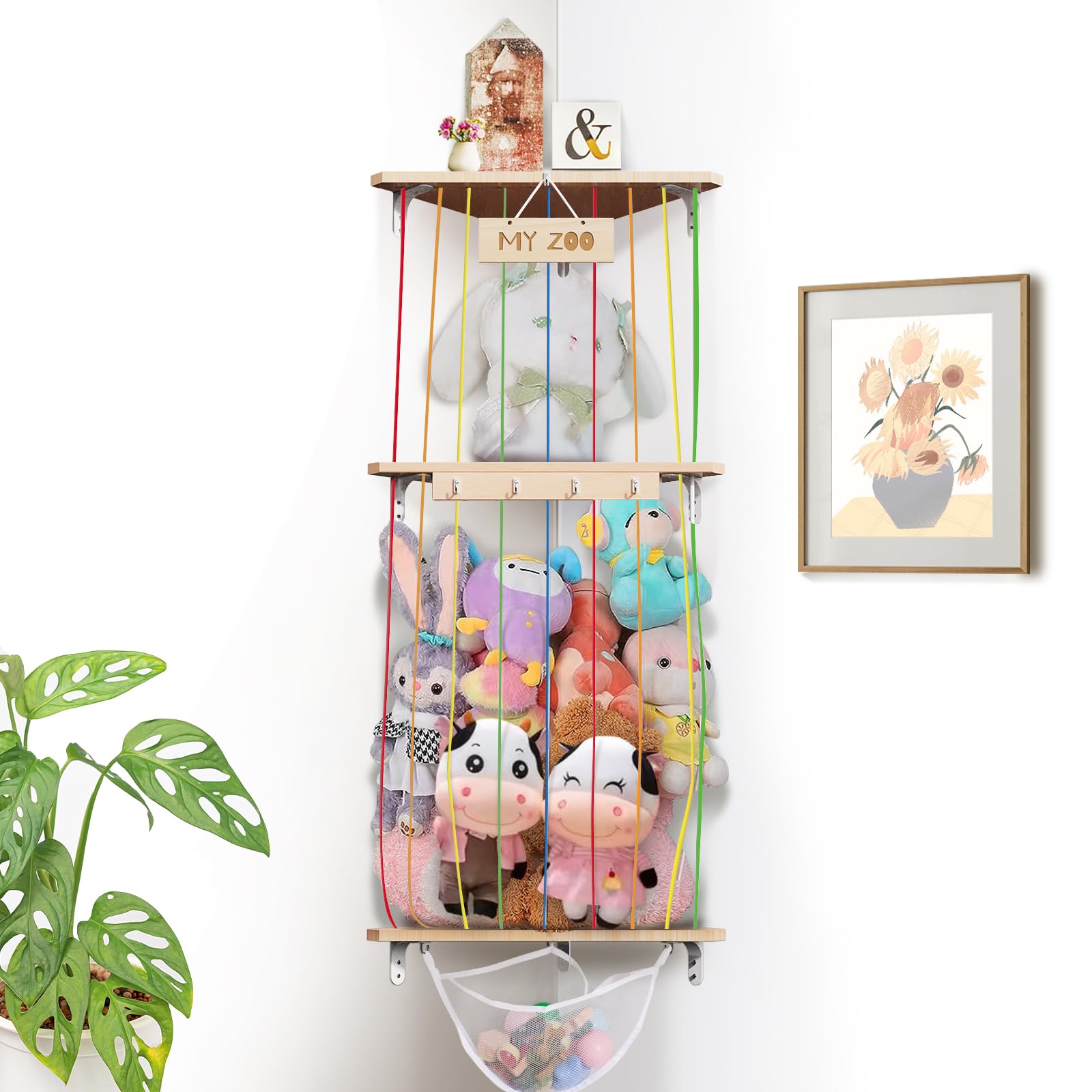 Stuffed Animal Storage Wood Soft Toy Shelf with Hooks and Mesh Organizer 3-in-1 Splice and Length Adjustable Hanging Stuffed Animal Zoo Toy Organizer Shelf for Nursery Play Room Bedroom Kid Room