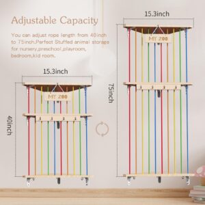 Stuffed Animal Storage Wood Soft Toy Shelf with Hooks and Mesh Organizer 3-in-1 Splice and Length Adjustable Hanging Stuffed Animal Zoo Toy Organizer Shelf for Nursery Play Room Bedroom Kid Room