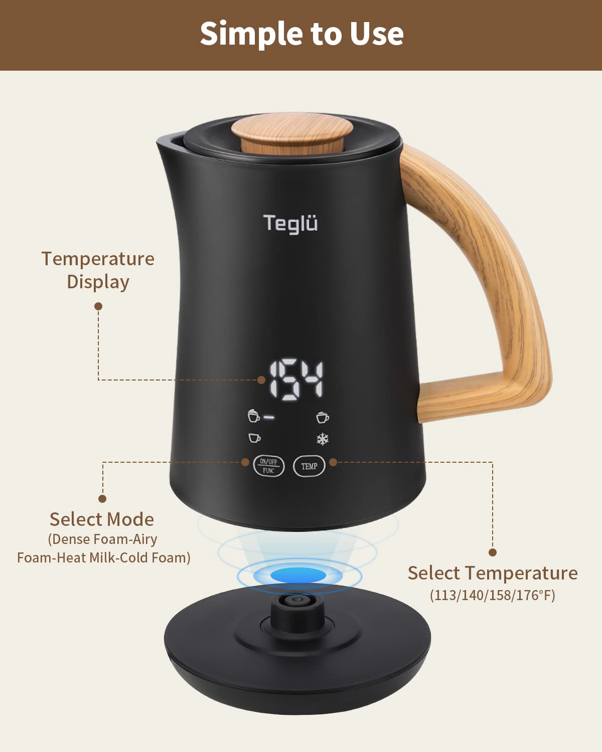 Teglu Milk Frother and Steamer Electric, Hot & Cold Foam Maker 17oz with LED Dispaly, Milk Warmer and Frother for Latte/Cappuccino/Macchiato, Instant Milk Frother Auto-off