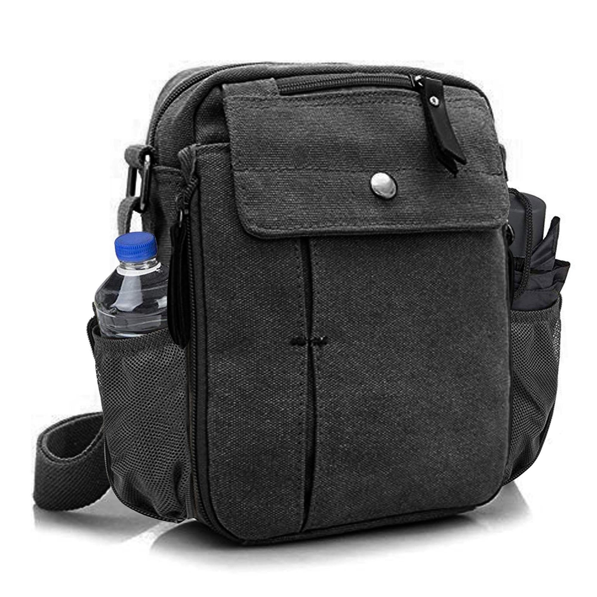 Canvas Cross Body Bag - Chest Bag for Travel - Crossbody & Sling Bag For Men, Backpack & Shoulder, Lightweight One Strap Motorcycle Bag for Biking Hiking Cycling with Bottle Holder (Black)