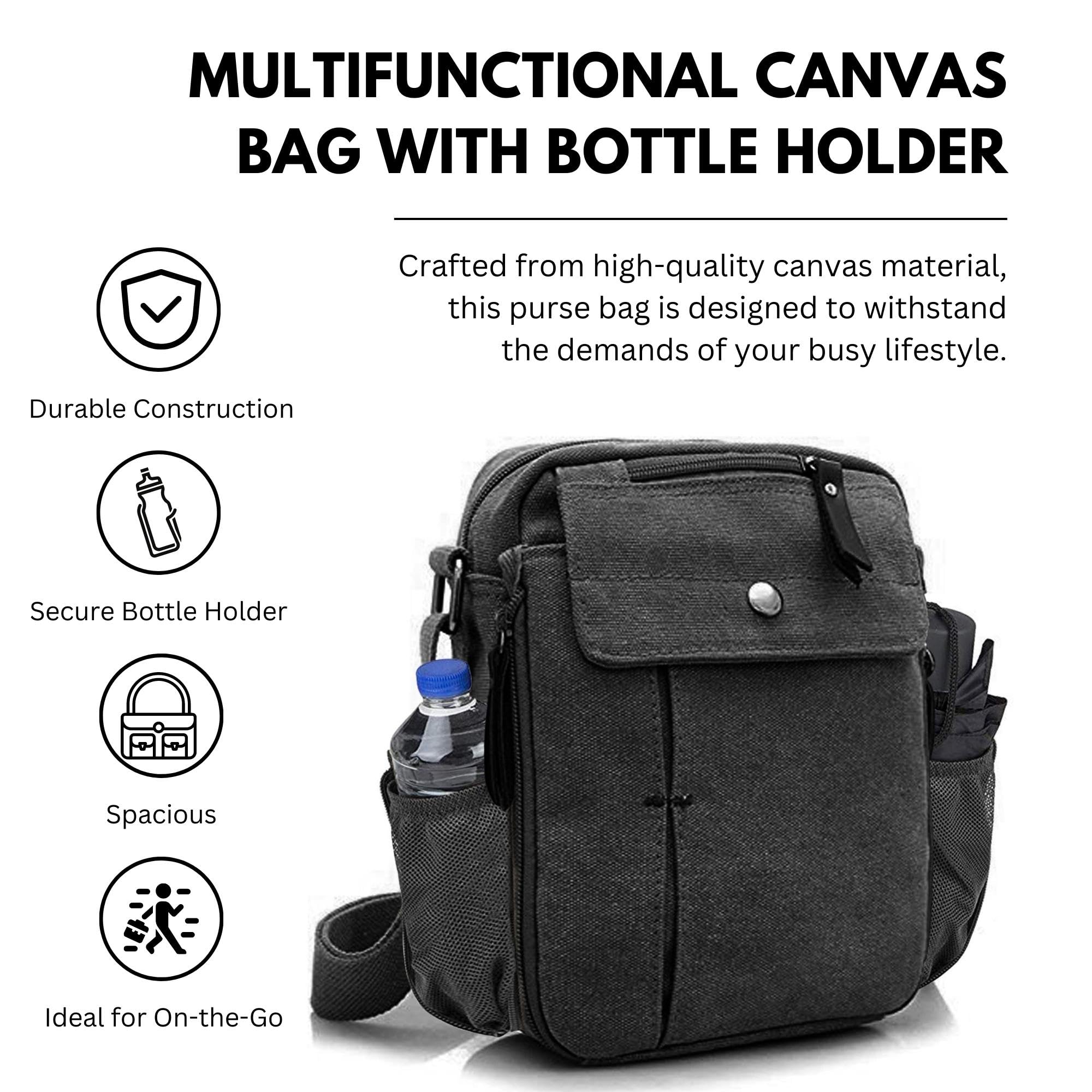 Canvas Cross Body Bag - Chest Bag for Travel - Crossbody & Sling Bag For Men, Backpack & Shoulder, Lightweight One Strap Motorcycle Bag for Biking Hiking Cycling with Bottle Holder (Black)