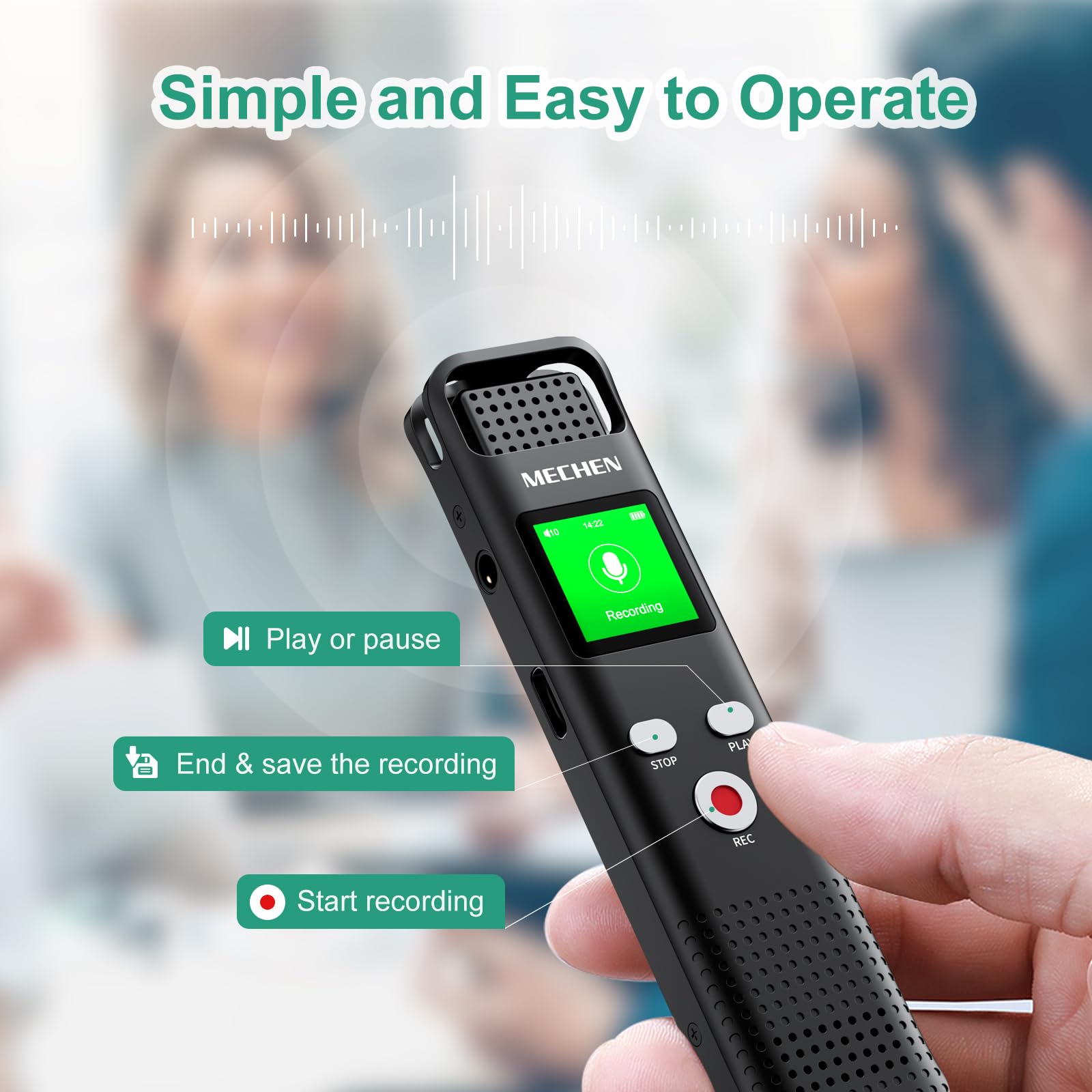 64GB Digital Voice Recorder Voice Activated Audio Recorder for Lectures Meetings - MECHEN 1536Kbps Small Rechargeable Dictaphone with Playback,7-Level Noise Reduction,Microphone,Password (Black)