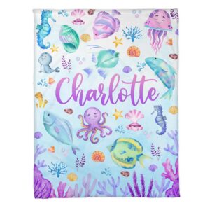 zocoshi sea animals baby girl name blanket, personalized watercolor turtle octopus under the sea nursery