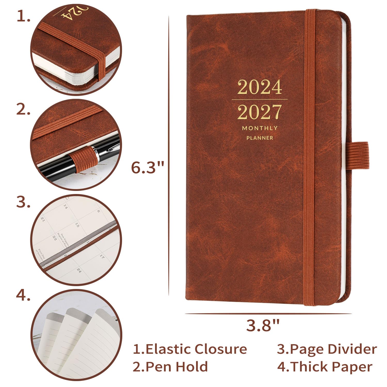 2024-2027 Monthly Pocket Planner - 3 Year Pocket Calendar, Faux Leather Cover, Jul 2024 - Jun 2027, 3.8" × 6.3", Pen Holder, 2 Bookmarks, Back Pocket