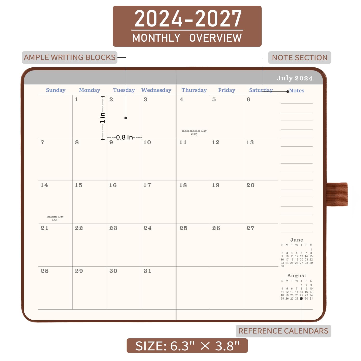 2024-2027 Monthly Pocket Planner - 3 Year Pocket Calendar, Faux Leather Cover, Jul 2024 - Jun 2027, 3.8" × 6.3", Pen Holder, 2 Bookmarks, Back Pocket