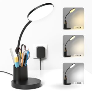 comzler small desk lamp, led desk lamps with pen phone holder, black desk light for home office,8w 3 modes dimmable led desk light for kids, desktop study lamps for bedrooms