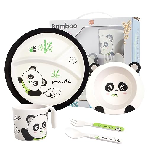 Bamboo Toddler Dinnerware Set,5Pcs Baby Plates and Bowls,Kids Dinnerware Set,Bamboo Kids Plates and Bowls Set,Christmas Kids Dishes Dinnerware Sets with Plate,Bowl,Cup,Fork and Spoon (Panda)