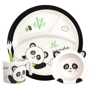 bamboo toddler dinnerware set,5pcs baby plates and bowls,kids dinnerware set,bamboo kids plates and bowls set,christmas kids dishes dinnerware sets with plate,bowl,cup,fork and spoon (panda)