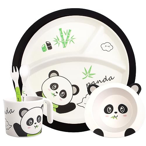 Bamboo Toddler Dinnerware Set,5Pcs Baby Plates and Bowls,Kids Dinnerware Set,Bamboo Kids Plates and Bowls Set,Christmas Kids Dishes Dinnerware Sets with Plate,Bowl,Cup,Fork and Spoon (Panda)