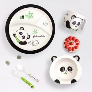 Bamboo Toddler Dinnerware Set,5Pcs Baby Plates and Bowls,Kids Dinnerware Set,Bamboo Kids Plates and Bowls Set,Christmas Kids Dishes Dinnerware Sets with Plate,Bowl,Cup,Fork and Spoon (Panda)