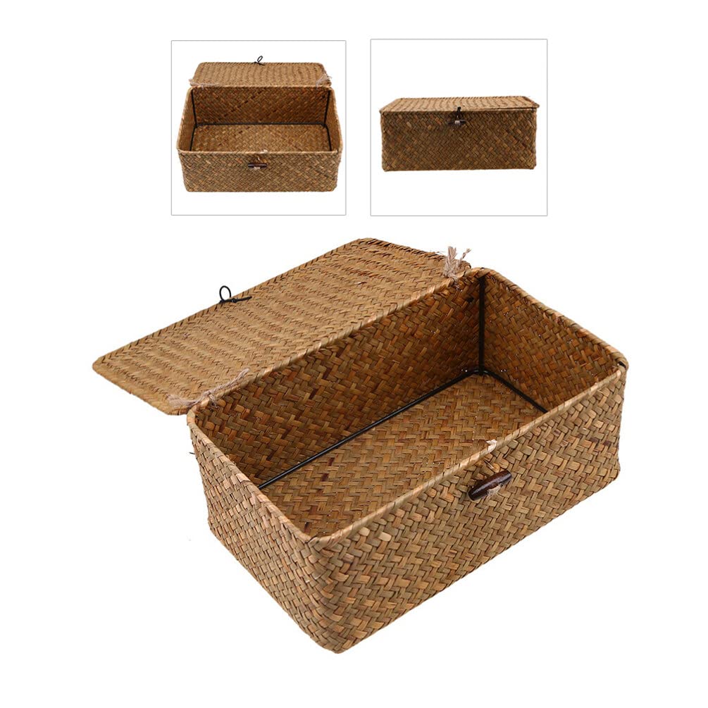 COHEALI Seaweed Woven Basket Hand-woven Storage Basket Toys for Baby Basket with Lid Snack Container Food Containers with Lids Desktop Storage Basket To Weave Wicker Jewelry Set Child Tray