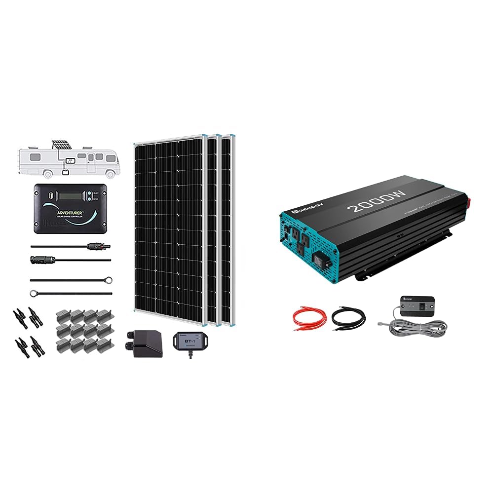 Renogy 300 Watts 12 Volts Monocrystalline Solar RV Kit with 30A PWM LCD Charge Controller/Solar Panel Connectors/Tray Cable/Corner Bracket Mount/Cable Entry & 2000W Pure Sine Wave Inverter 12V DC