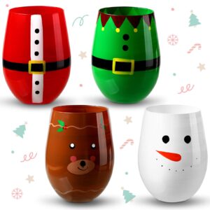 4 pcs christmas stemless wine glasses set christmas party decoration christmas wine glasses 17oz santa elf snowman elk wine glasses set christmas gift holidays christmas birthday holiday party supply