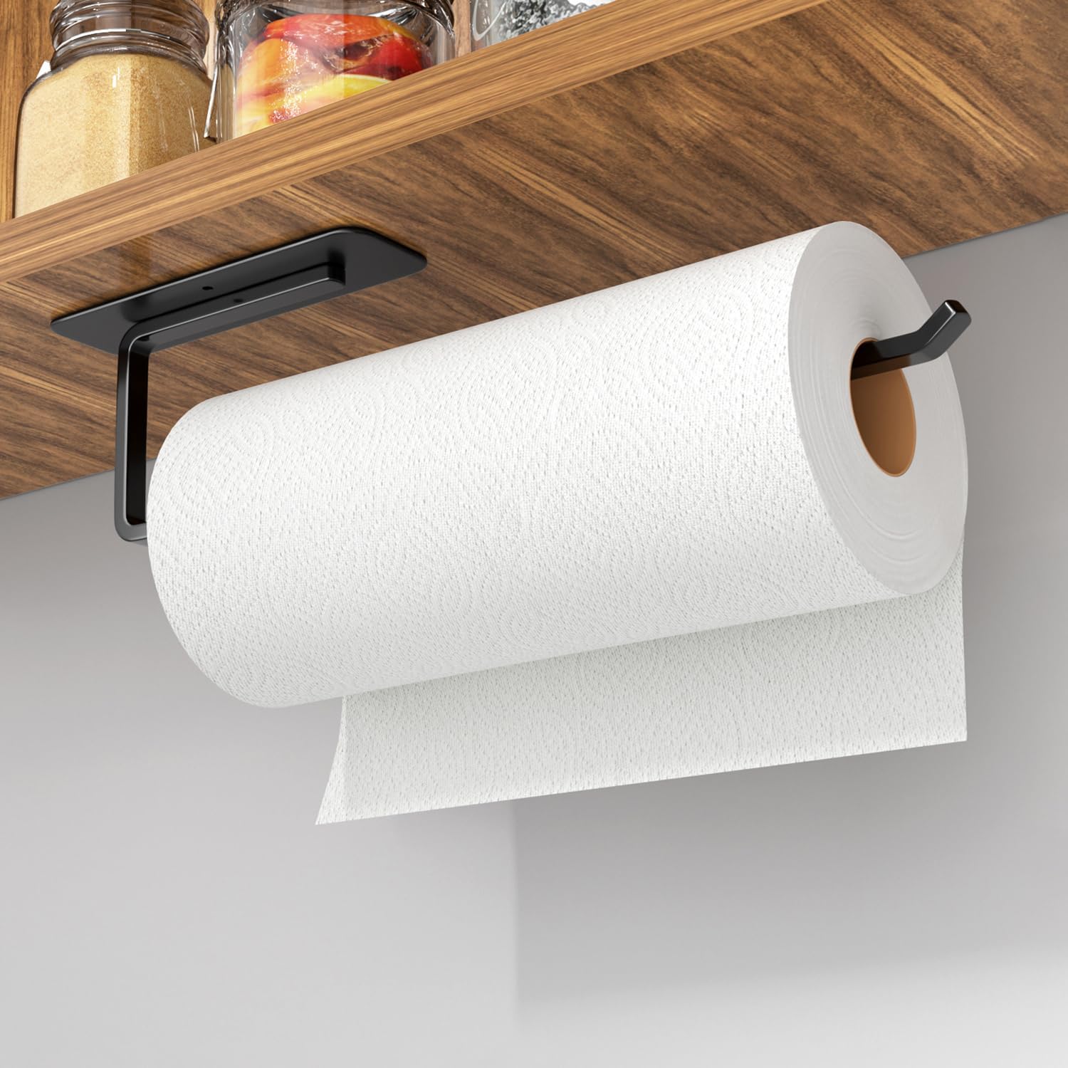 Paper Towel Holder Under Cabinet - Both Available in Adhesive and Drilling - Black Paper Towel Holder Wall Mount - Upgraded Aluminum Paper Towel Rack for Kitchen, Bathroom