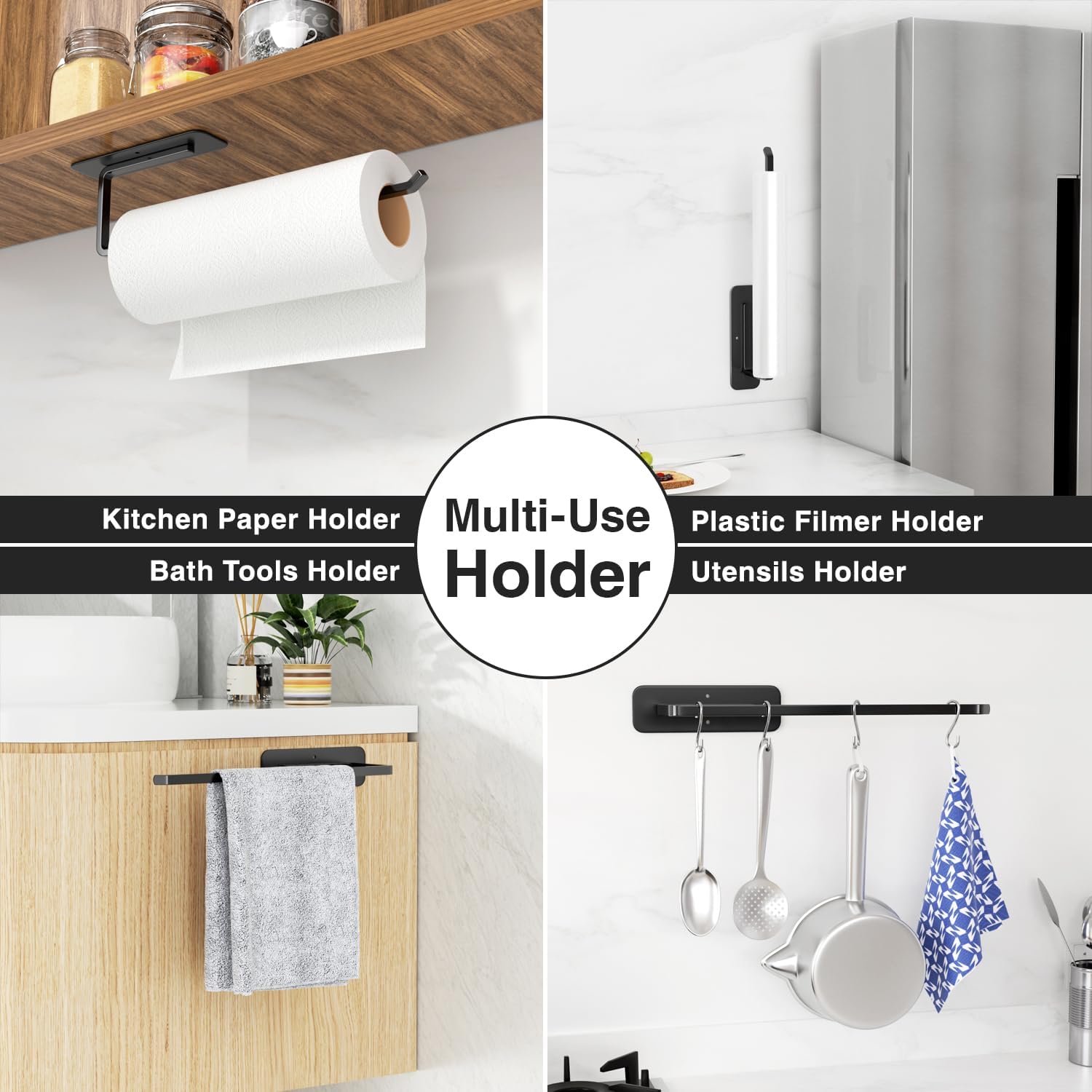 Paper Towel Holder Under Cabinet - Both Available in Adhesive and Drilling - Black Paper Towel Holder Wall Mount - Upgraded Aluminum Paper Towel Rack for Kitchen, Bathroom