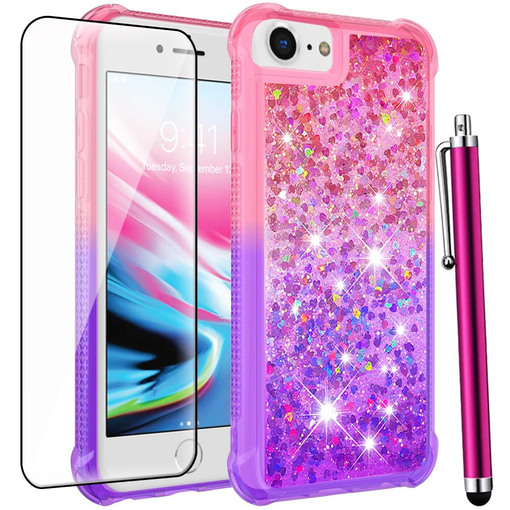 CAIYUNL for iPhone SE Case 2022/2020, iPhone 8 Case, iPhone 7 Case with Screen Protector, Women Girls Cute Glitter Bling Floating Liquid Soft TPU Silicone Shockproof Protective Phone Case -Pink/Purple