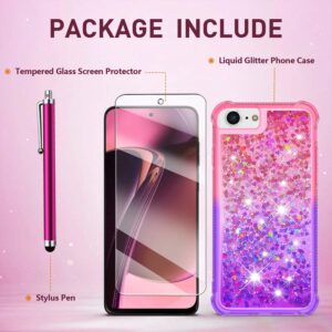 CAIYUNL for iPhone SE Case 2022/2020, iPhone 8 Case, iPhone 7 Case with Screen Protector, Women Girls Cute Glitter Bling Floating Liquid Soft TPU Silicone Shockproof Protective Phone Case -Pink/Purple