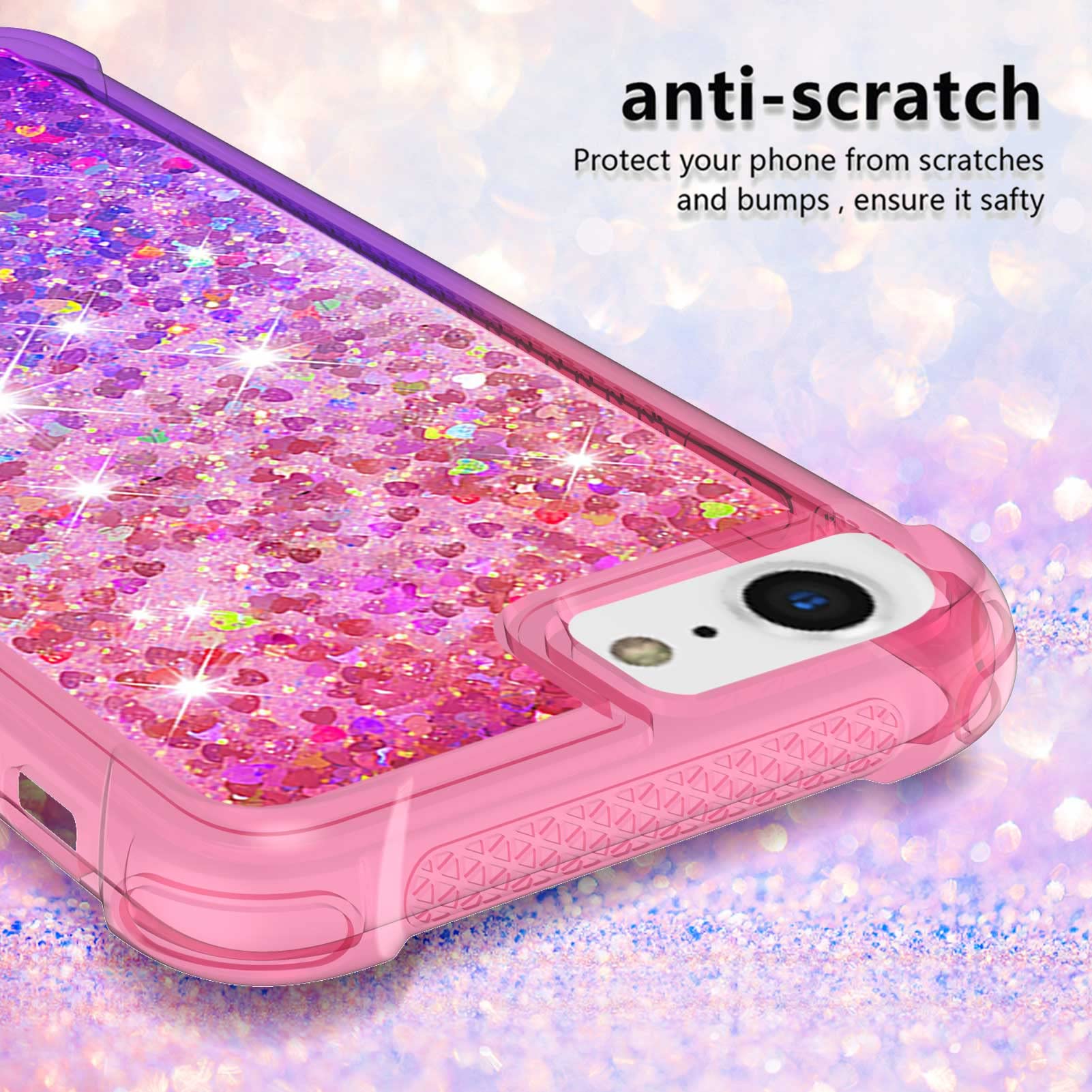 CAIYUNL for iPhone SE Case 2022/2020, iPhone 8 Case, iPhone 7 Case with Screen Protector, Women Girls Cute Glitter Bling Floating Liquid Soft TPU Silicone Shockproof Protective Phone Case -Pink/Purple