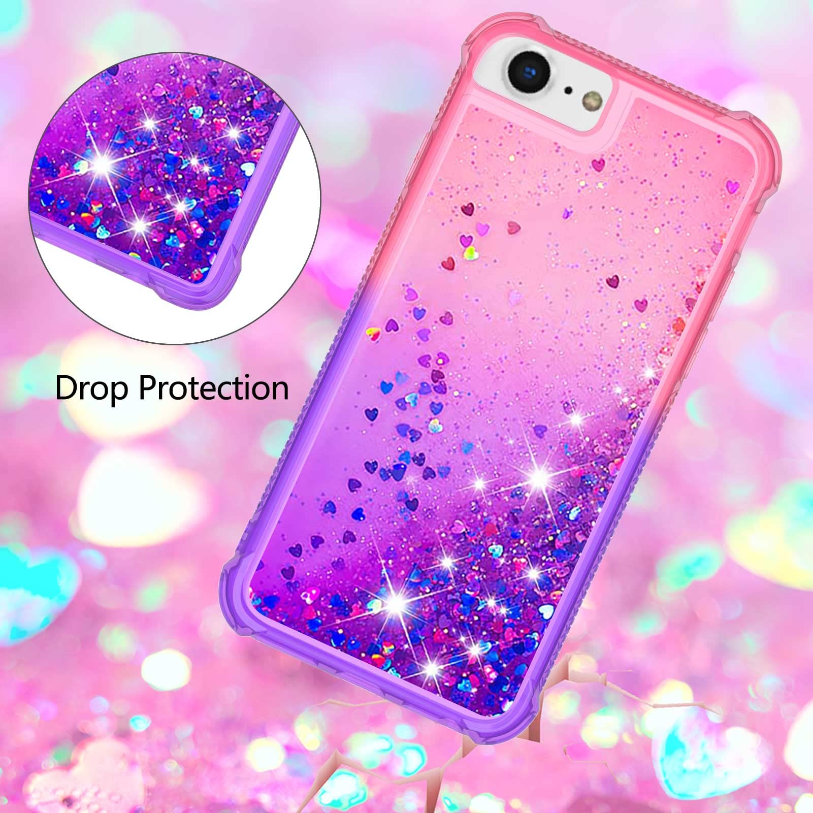 CAIYUNL for iPhone SE Case 2022/2020, iPhone 8 Case, iPhone 7 Case with Screen Protector, Women Girls Cute Glitter Bling Floating Liquid Soft TPU Silicone Shockproof Protective Phone Case -Pink/Purple