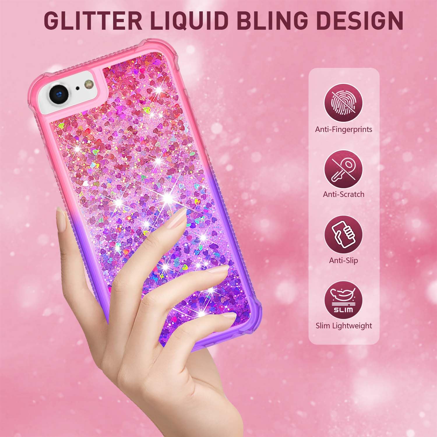 CAIYUNL for iPhone SE Case 2022/2020, iPhone 8 Case, iPhone 7 Case with Screen Protector, Women Girls Cute Glitter Bling Floating Liquid Soft TPU Silicone Shockproof Protective Phone Case -Pink/Purple