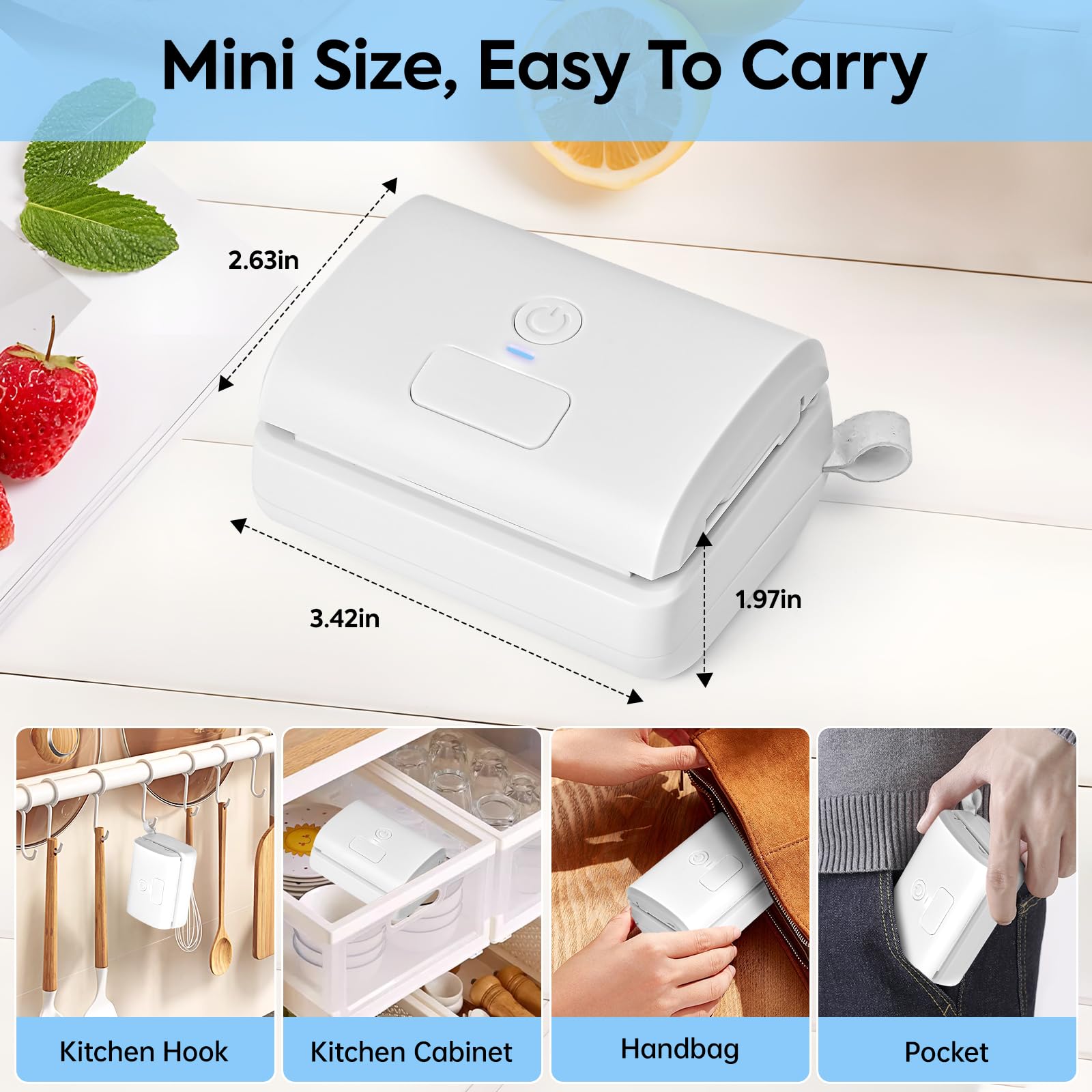 Mini Bag Sealer, Mini Heated Sealer, Portable Bag Sealer, Multifunctional Snack Sealer for Potato Chip & Vacuum Bags (White)