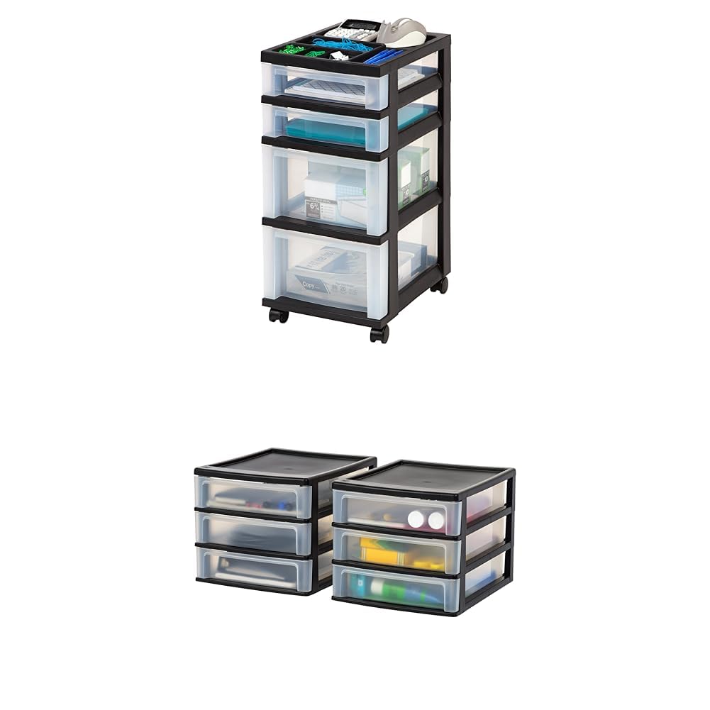 Bundle of IRIS USA Craft Organizer 4-Drawer Top Rolling Storage Cart for Small Parts, Black + IRIS USA Plastic 3-Drawer Desktop Organizer for Office, Files, & Supplies, Medium, Black, 2 Pack