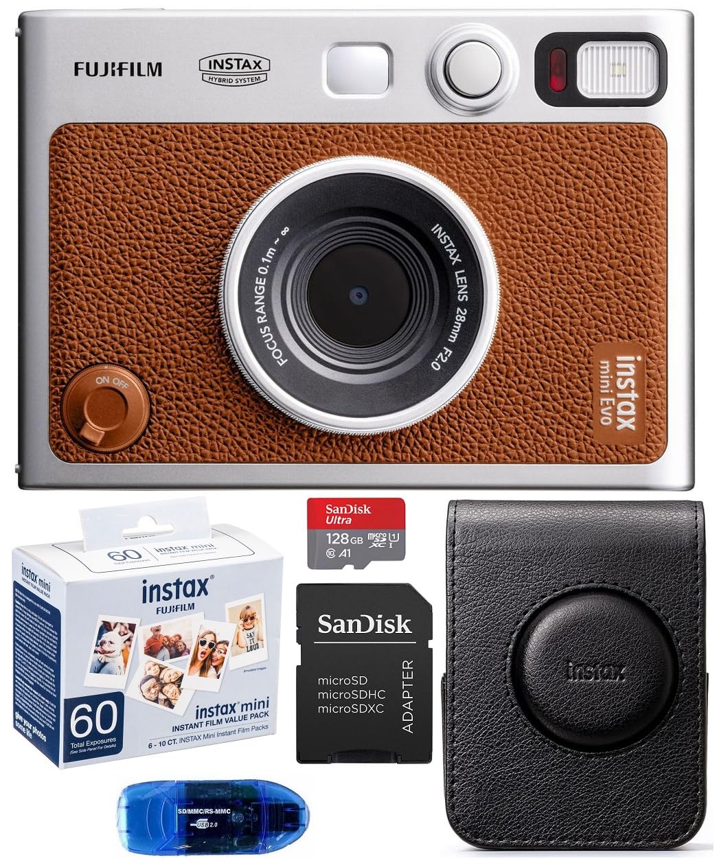 Fujifilm INSTAX Mini EVO Hybrid Instant Camera (Brown) Bundle, Includes: Fujifilm INSTAX Mini Film (60 Exposures), SanDisk 128GB MicroSDXC Memory Card and More (5 Items)