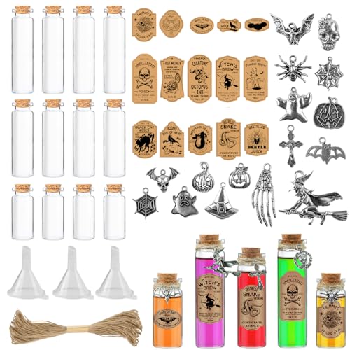 Luckyhern 64 Pcs Halloween Potion Bottles Apothecary Bottles with Halloween Stickers and Pendants for Halloween Indoor Decor Halloween Tiered Tray Table Home Room Party Supplies