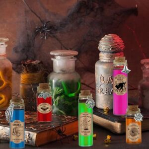 Luckyhern 64 Pcs Halloween Potion Bottles Apothecary Bottles with Halloween Stickers and Pendants for Halloween Indoor Decor Halloween Tiered Tray Table Home Room Party Supplies