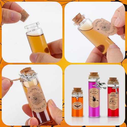 Luckyhern 64 Pcs Halloween Potion Bottles Apothecary Bottles with Halloween Stickers and Pendants for Halloween Indoor Decor Halloween Tiered Tray Table Home Room Party Supplies