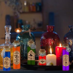 Luckyhern 64 Pcs Halloween Potion Bottles Apothecary Bottles with Halloween Stickers and Pendants for Halloween Indoor Decor Halloween Tiered Tray Table Home Room Party Supplies