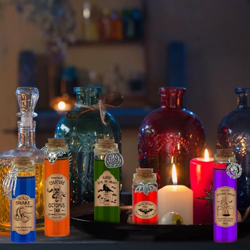 Luckyhern 64 Pcs Halloween Potion Bottles Apothecary Bottles with Halloween Stickers and Pendants for Halloween Indoor Decor Halloween Tiered Tray Table Home Room Party Supplies