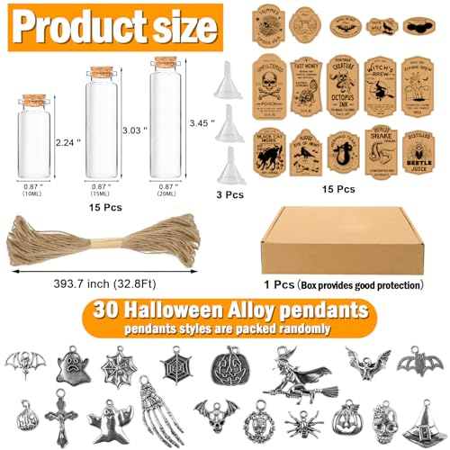 Luckyhern 64 Pcs Halloween Potion Bottles Apothecary Bottles with Halloween Stickers and Pendants for Halloween Indoor Decor Halloween Tiered Tray Table Home Room Party Supplies