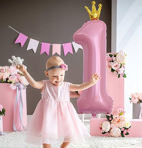 40 Inch Crown Pink Number 1 Balloons, Jumbo Light Pink Number Balloon Mylar Balloons for First Birthday, 1st Birthday Decorations Girls, Anniversary Decorations