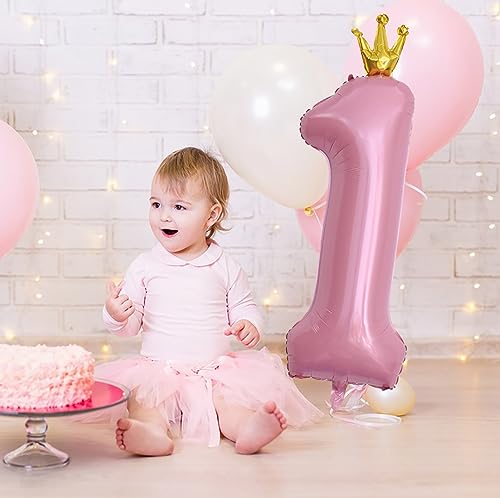 40 Inch Crown Pink Number 1 Balloons, Jumbo Light Pink Number Balloon Mylar Balloons for First Birthday, 1st Birthday Decorations Girls, Anniversary Decorations