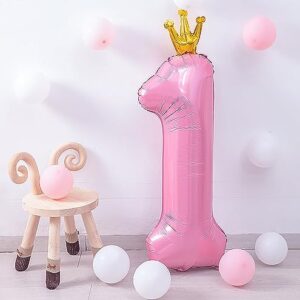 40 Inch Crown Pink Number 1 Balloons, Jumbo Light Pink Number Balloon Mylar Balloons for First Birthday, 1st Birthday Decorations Girls, Anniversary Decorations