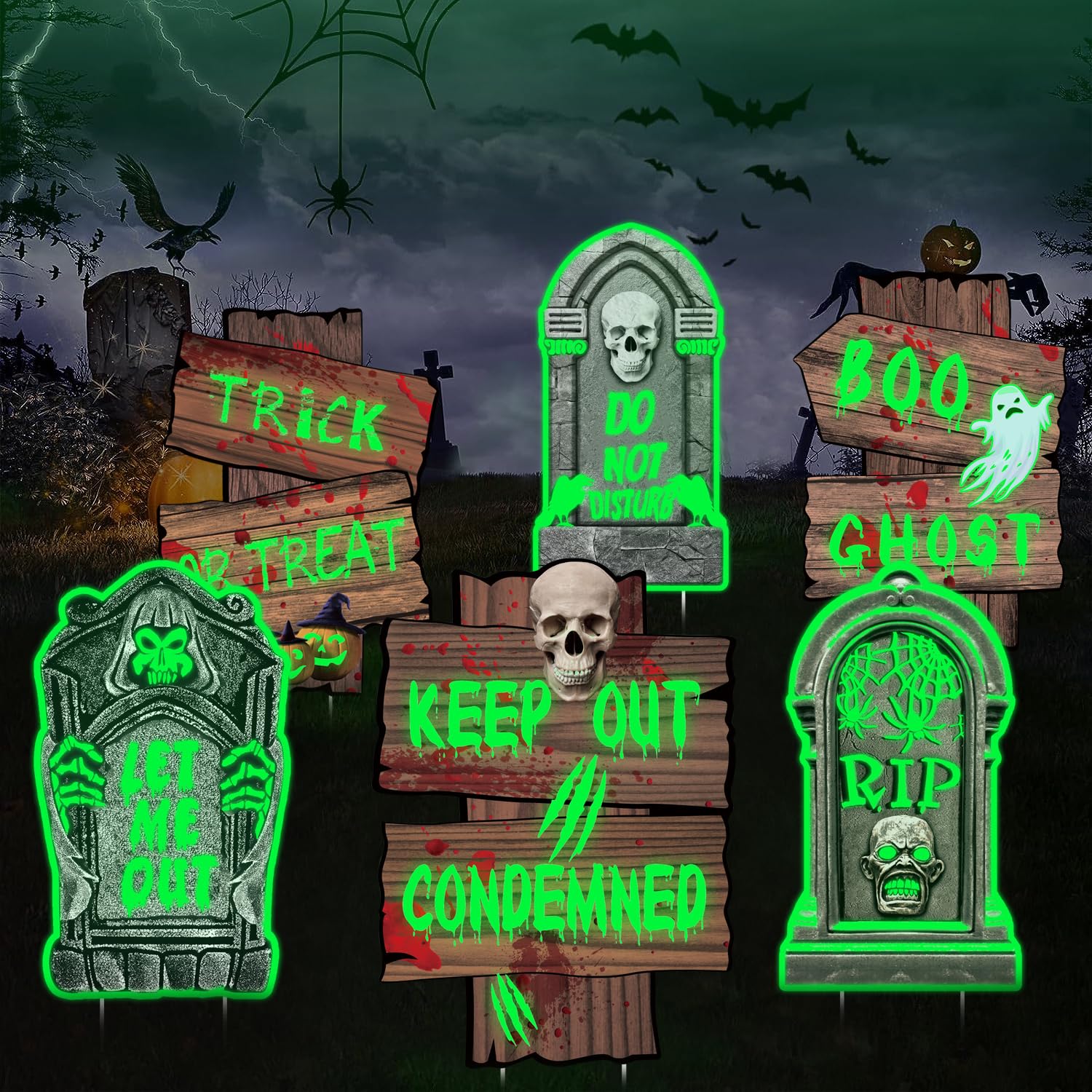 KORHONEN Halloween Tombstone Yard Sign Decorations, 6Pcs Glow in the Dark Halloween Decorations with Gravestone RIP and Beware Sign, Halloween Props for Yard Garden Outdoor Halloween Party Decor