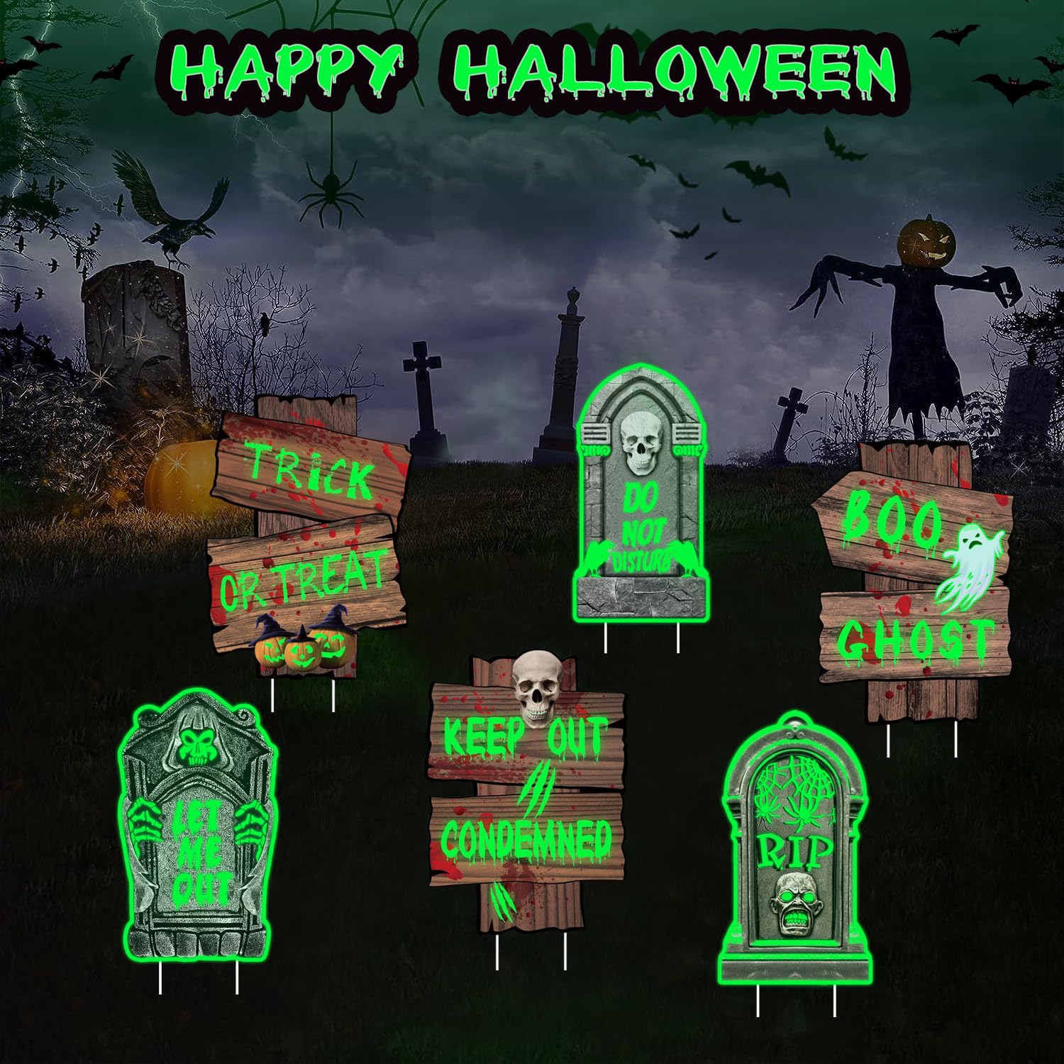 KORHONEN Halloween Tombstone Yard Sign Decorations, 6Pcs Glow in the Dark Halloween Decorations with Gravestone RIP and Beware Sign, Halloween Props for Yard Garden Outdoor Halloween Party Decor